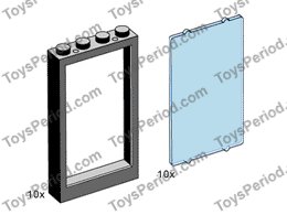 LEGO B001 1x4x5 Black Window Frames, Transparent Blue Panes Set Parts List